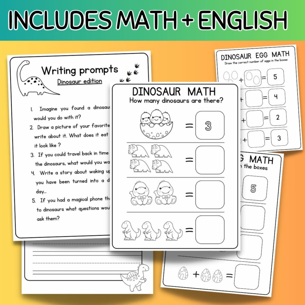 20 pages of dinosaur themed printables,math,english & drawing for ...
