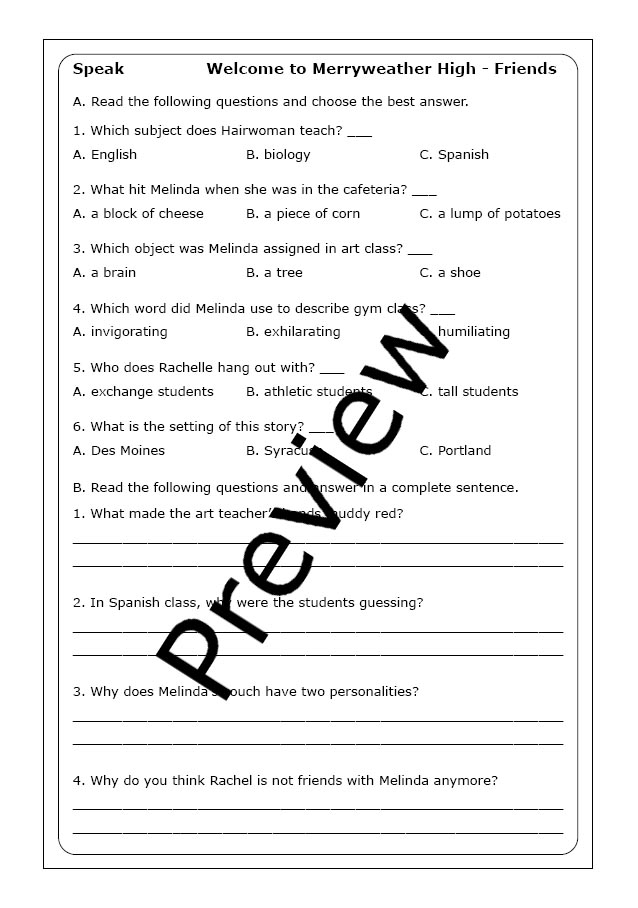 Laurie Halse Anderson "Speak" worksheets | Made By Teachers