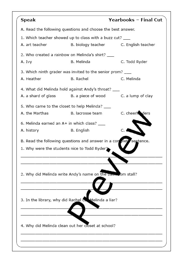 Laurie Halse Anderson "Speak" worksheets | Made By Teachers