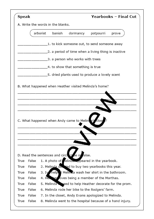 Laurie Halse Anderson "Speak" worksheets | Made By Teachers