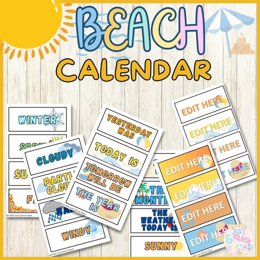 Pocket Chart Calendar Cards| pocket chart Labels| Calendar| Beach theme ...