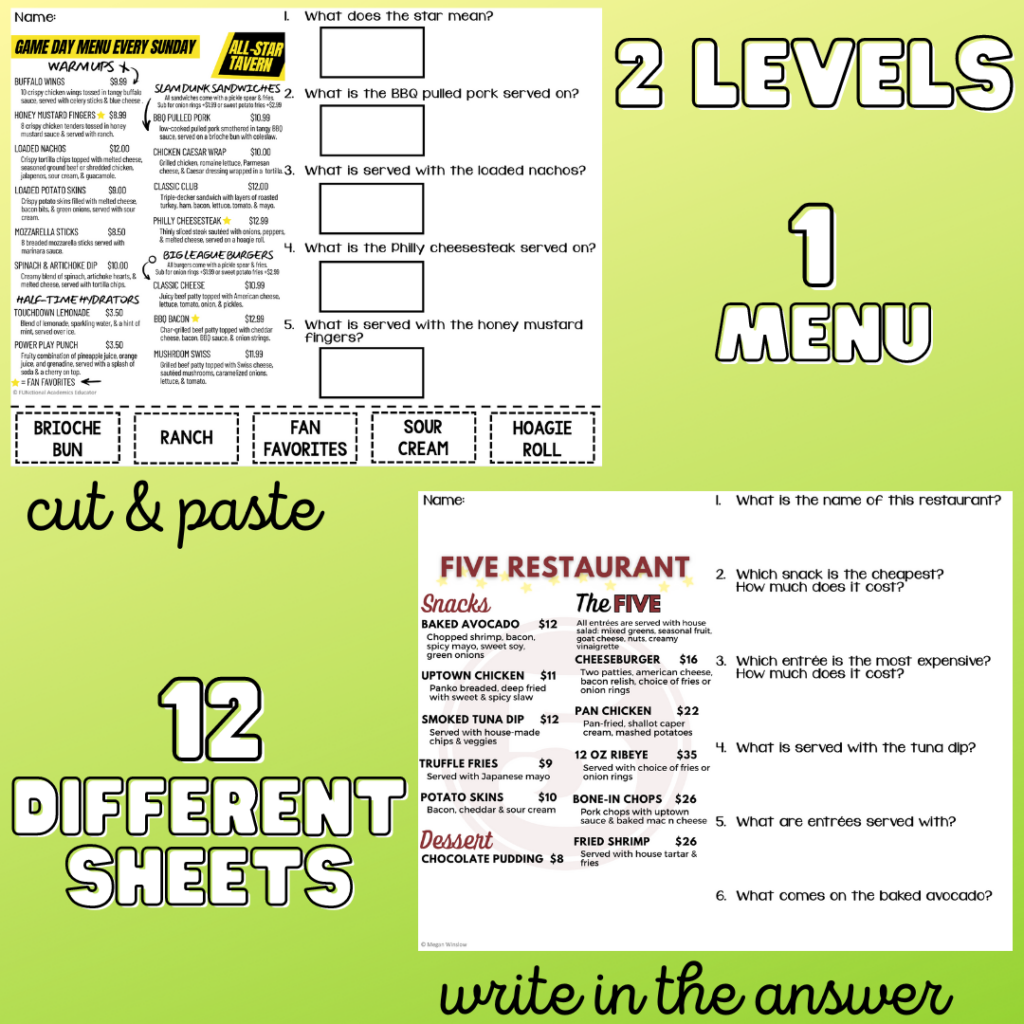 Understanding Menus FREEBIE - Reading Menus & Menu Math - Life Skills ...