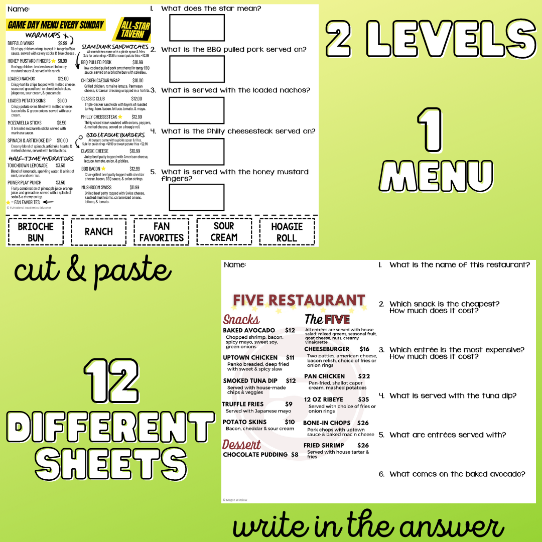Understanding Menus FREEBIE - Reading Menus & Menu Math - Life Skills ...