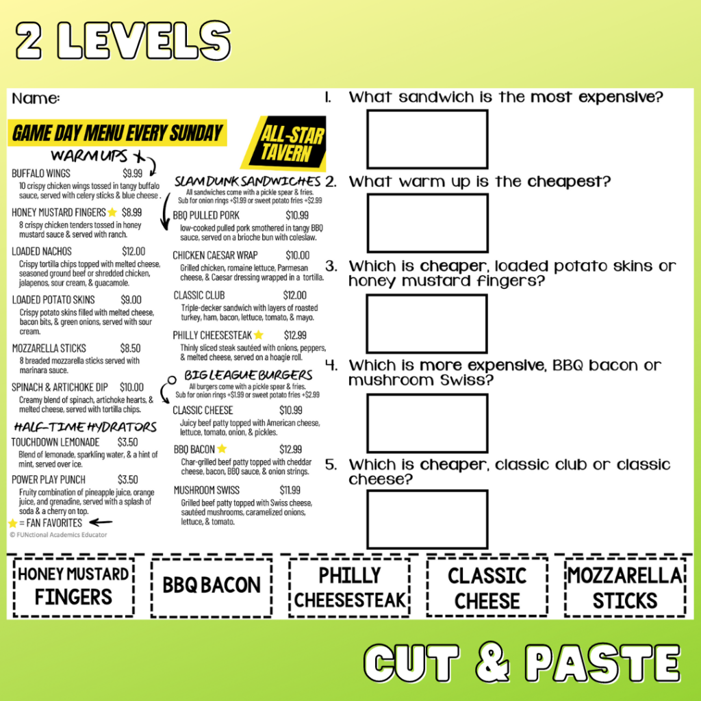 Understanding Menus FREEBIE - Reading Menus & Menu Math - Life Skills ...