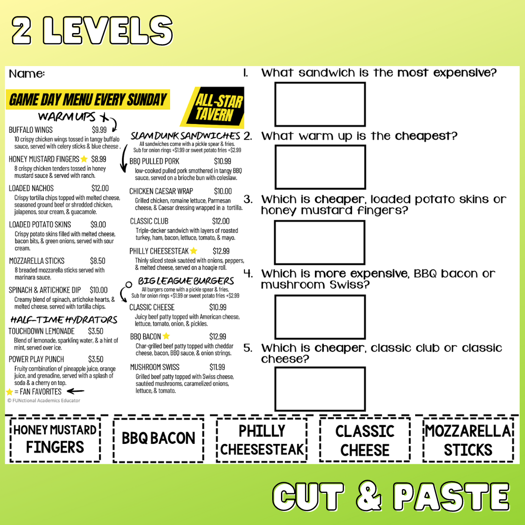 Understanding Menus FREEBIE - Reading Menus & Menu Math - Life Skills ...