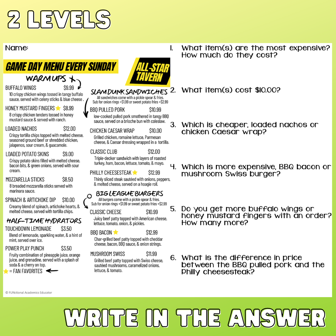 Understanding Menus FREEBIE - Reading Menus & Menu Math - Life Skills ...