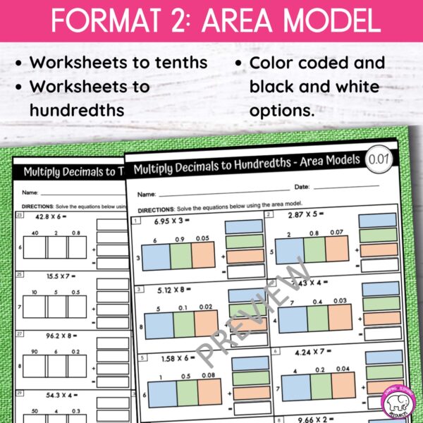 Multiplying Decimals by a Whole Number Worksheets Area Model Standard ...