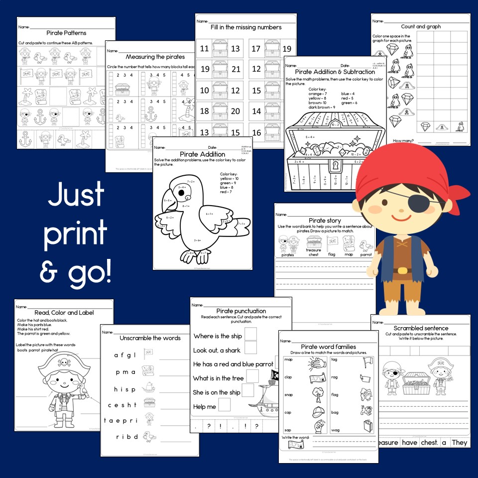 Kindergarten Summer Review Packet End of the Year Pirate Math and ...