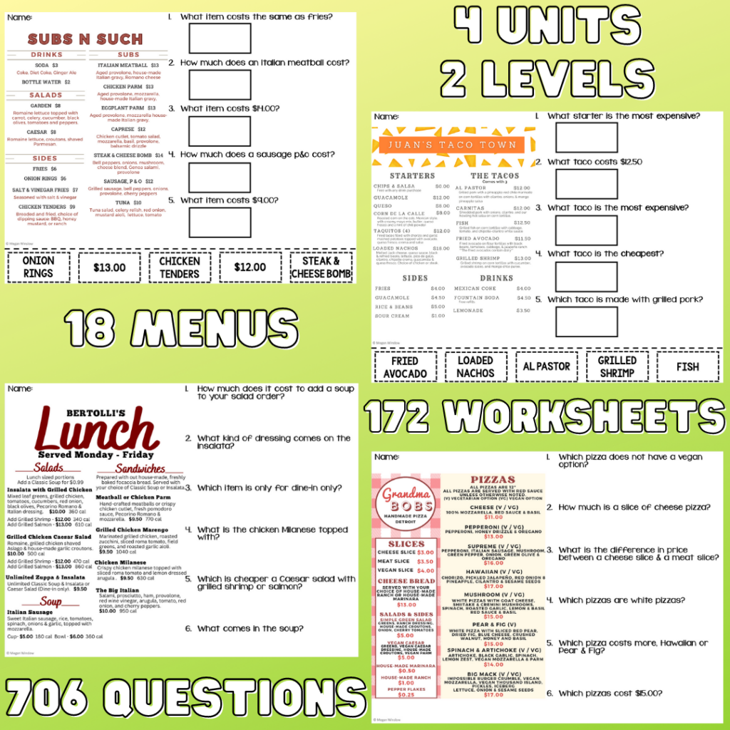 Understanding Menus BUNDLE - Reading Menus & Menu Math - Life Skills ...