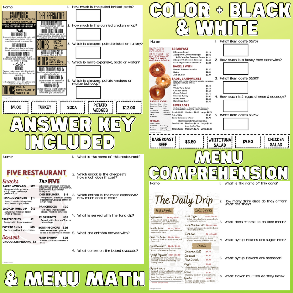 Understanding Menus BUNDLE - Reading Menus & Menu Math - Life Skills ...