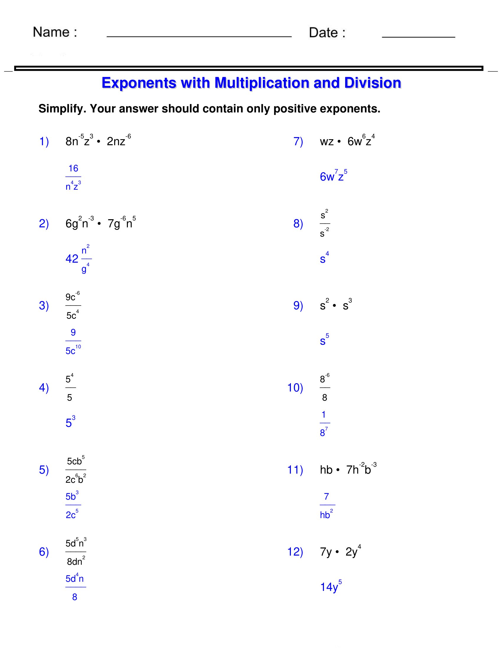 Exponents and Radicals - Exponents with Multiplication and Division ...