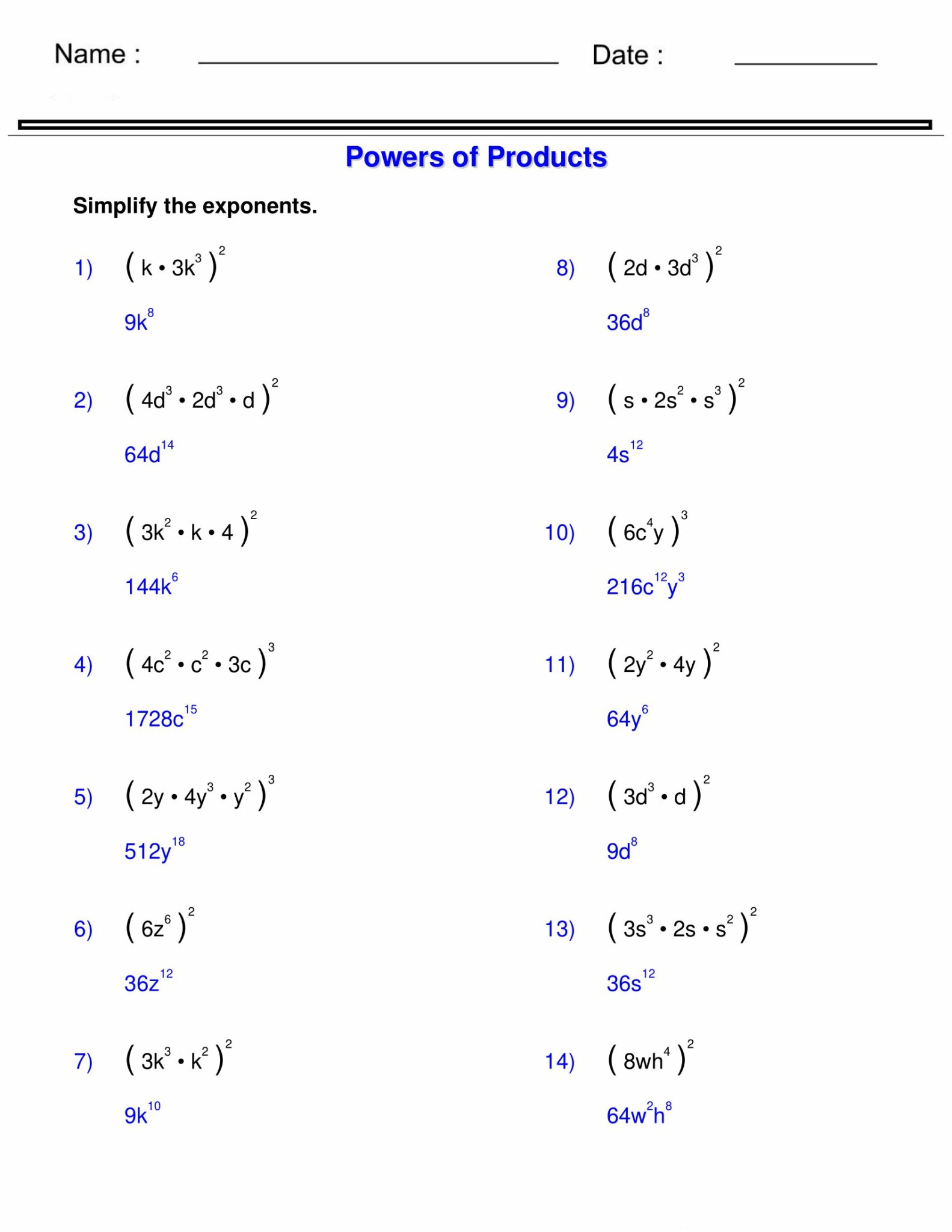Exponents and Radicals - Products to a Power Worksheets | Made By Teachers