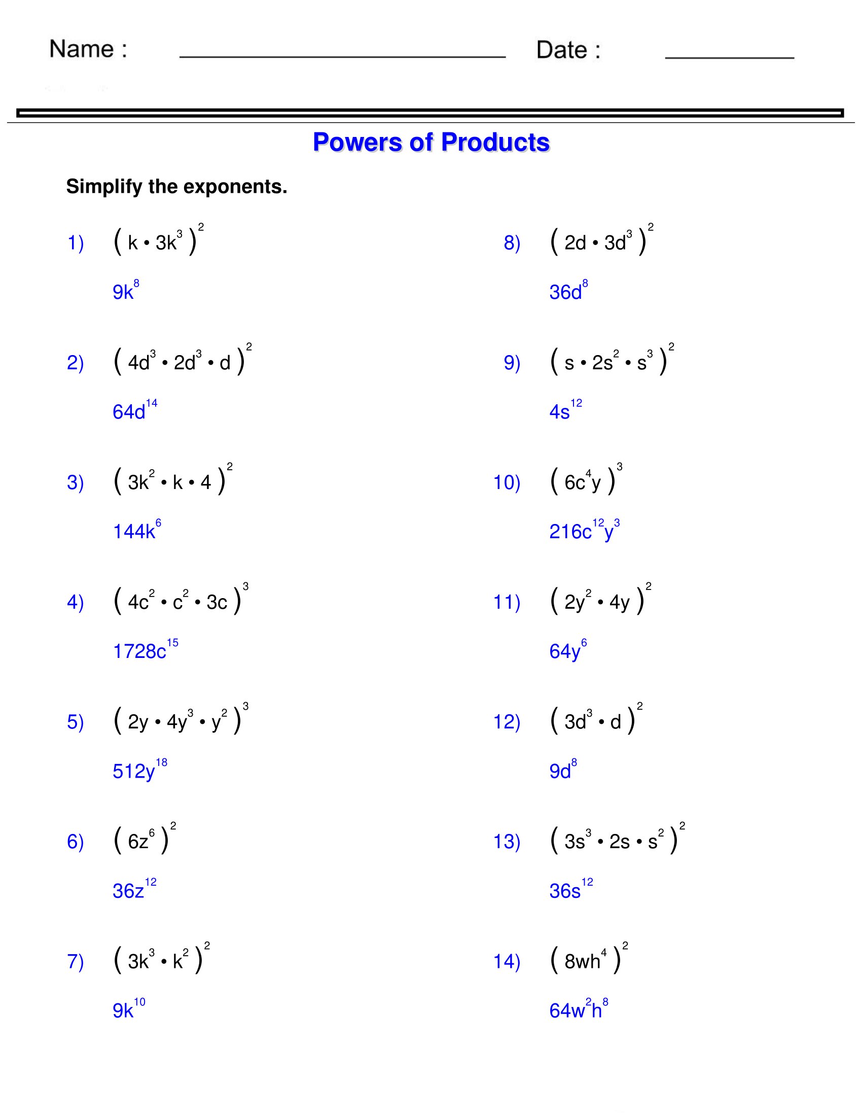 Exponents and Radicals - Products to a Power Worksheets | Made By Teachers
