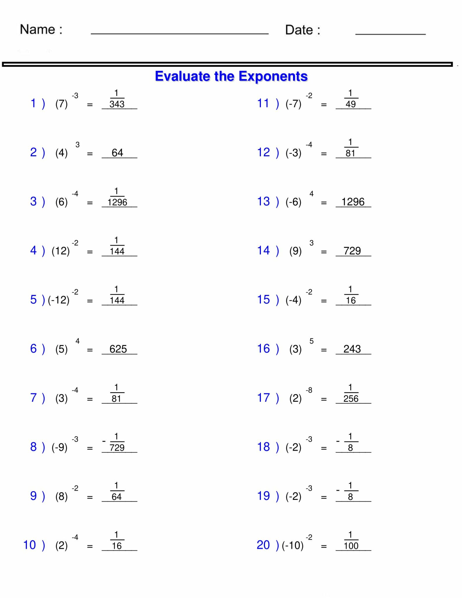 Exponents and Radicals - Solving Integers with Exponents Worksheets ...
