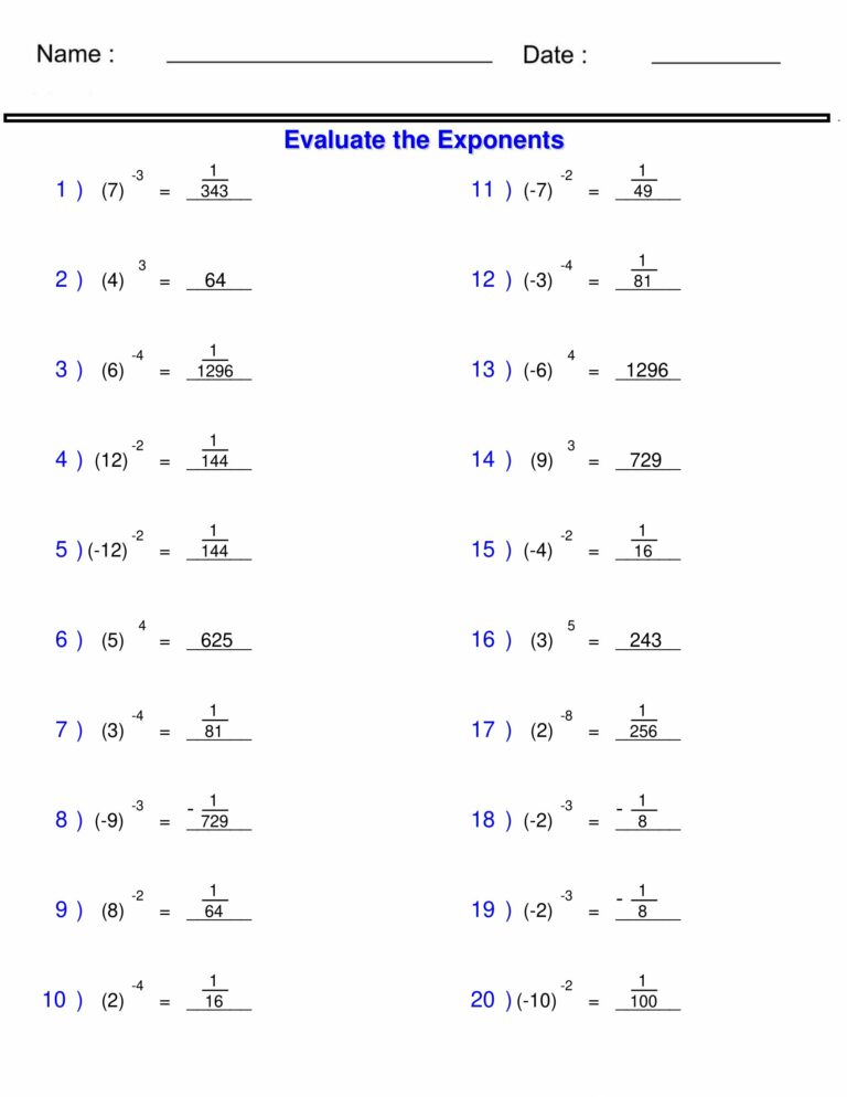 Exponents and Radicals - Solving Integers with Exponents Worksheets ...