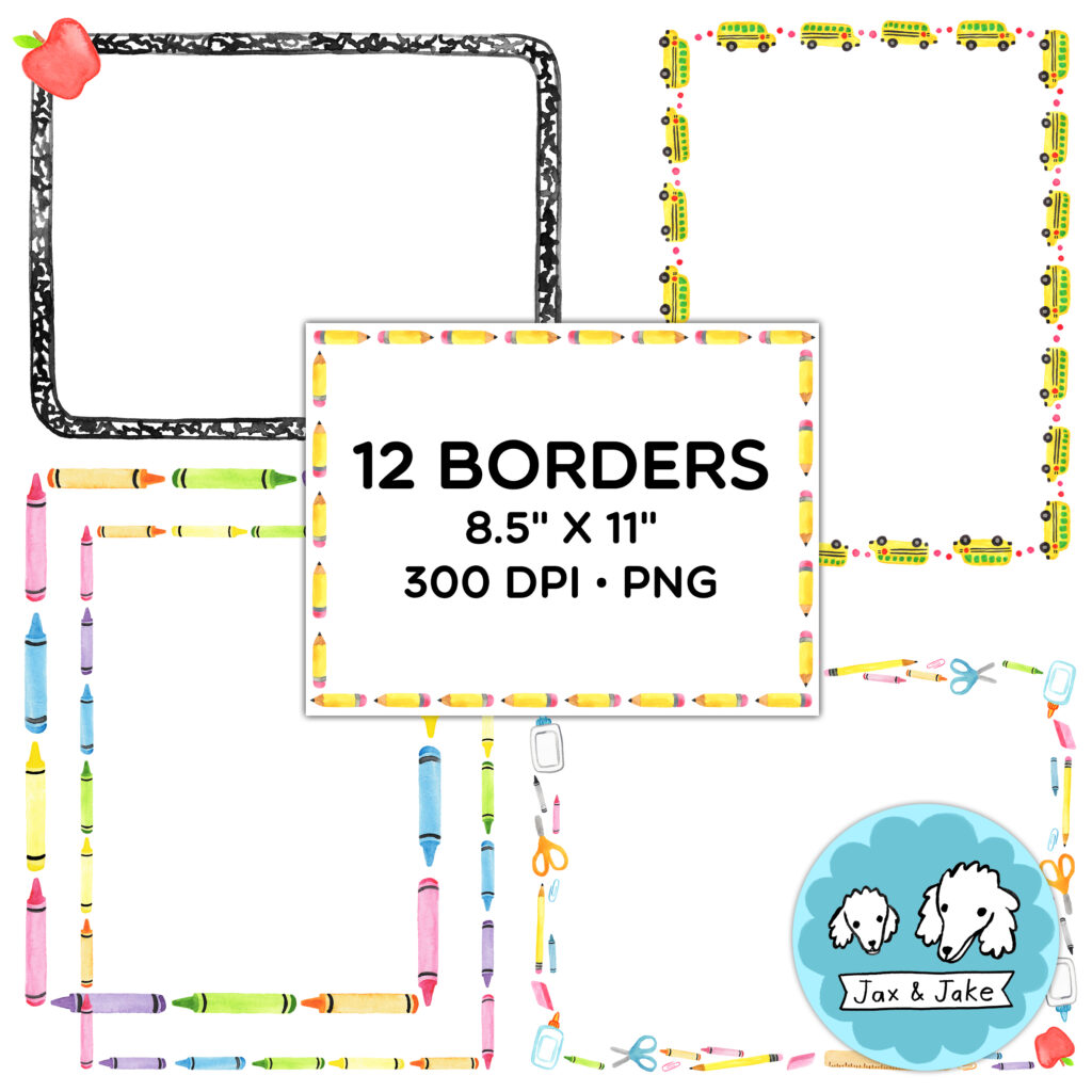 Watercolor Back To School Clipart Borders - Crayon, Apple, Teacher Clip ...