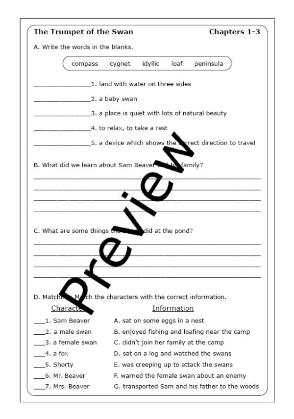 E. B. White "The Trumpet of the Swan" worksheets | Made By Teachers
