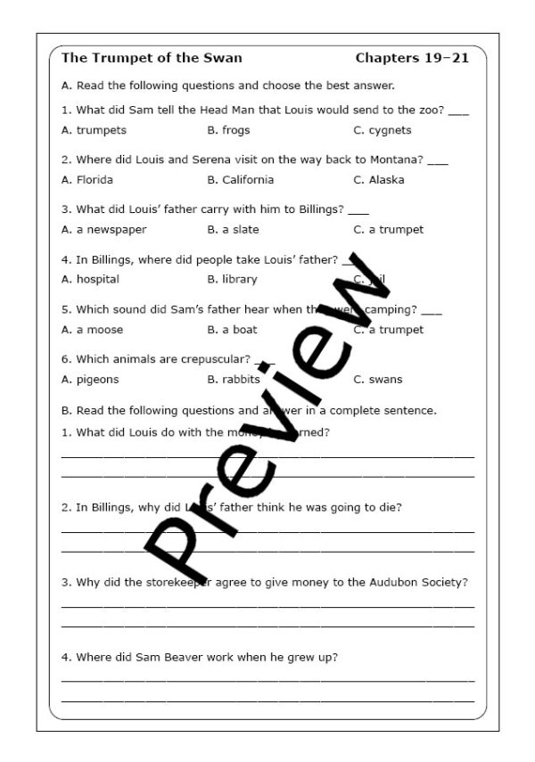 E. B. White "The Trumpet of the Swan" worksheets | Made By Teachers