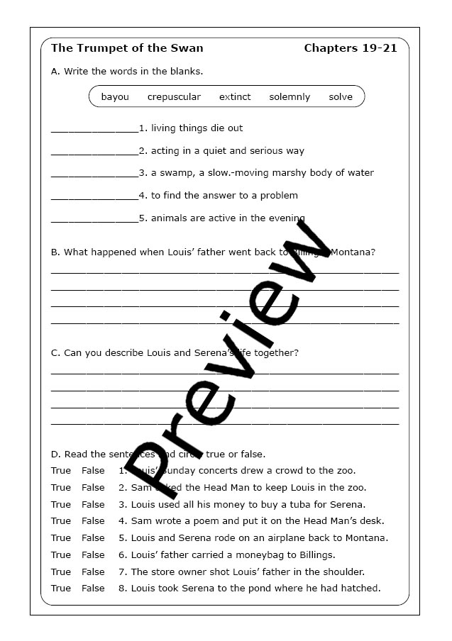 E. B. White "The Trumpet of the Swan" worksheets | Made By Teachers