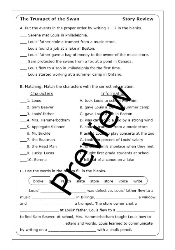 E. B. White "The Trumpet of the Swan" worksheets | Made By Teachers