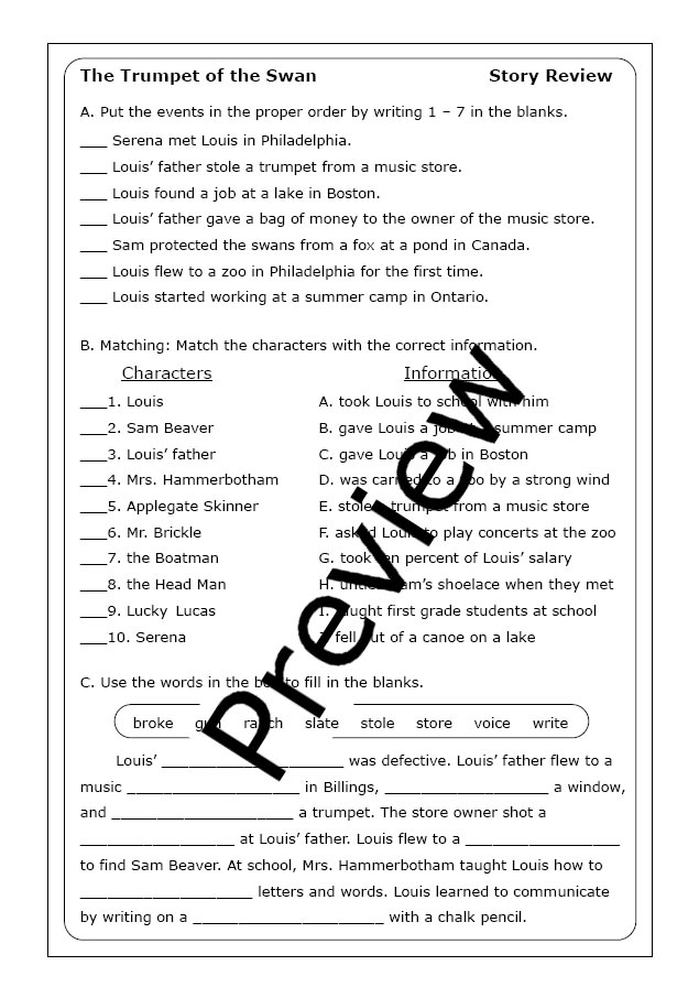 E. B. White "The Trumpet of the Swan" worksheets | Made By Teachers