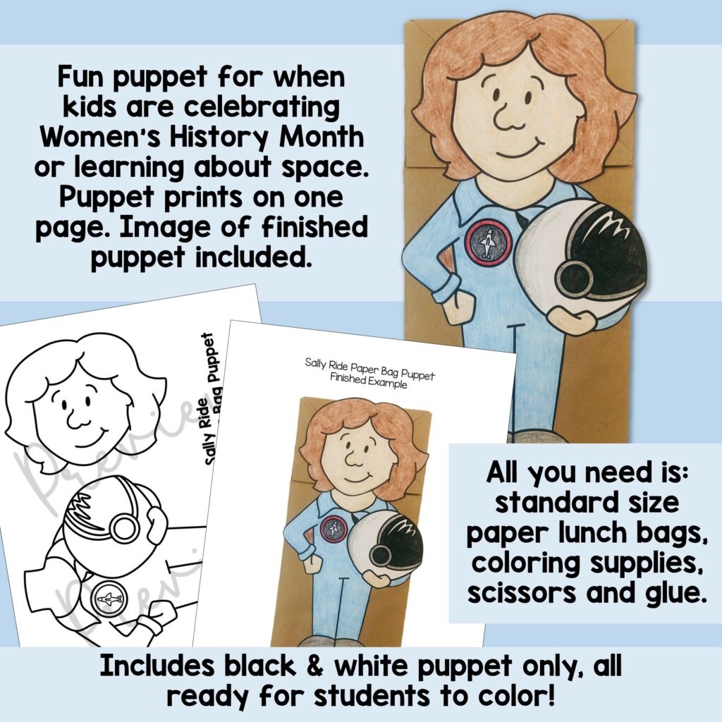 Women's History Month Paper Bag Puppet | Sally Ride Craft Activity ...