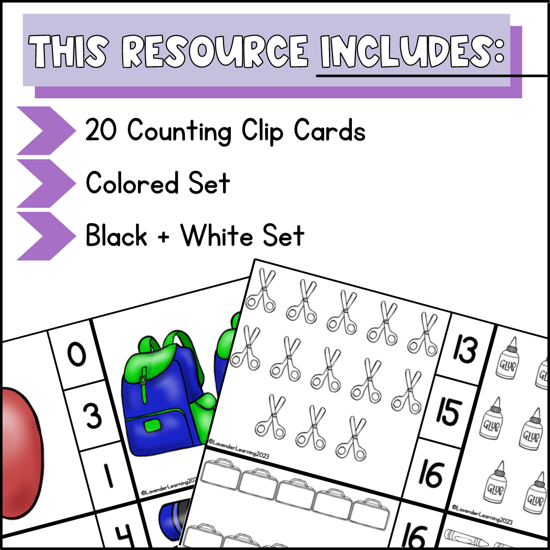 Back to School Clip Cards for One to One Correspondence Numbers 1-20 ...