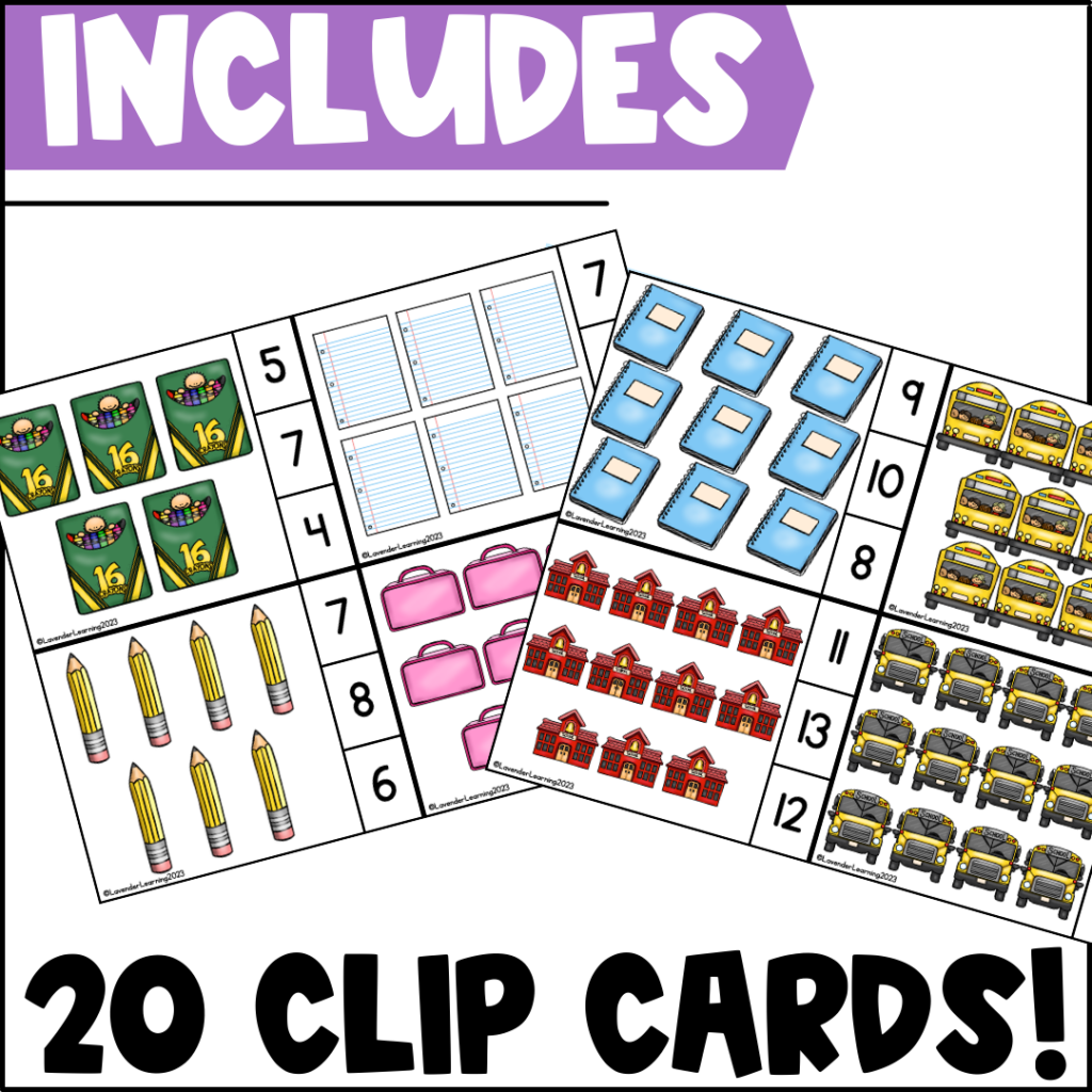 Back to School Clip Cards for One to One Correspondence Numbers 1-20 ...