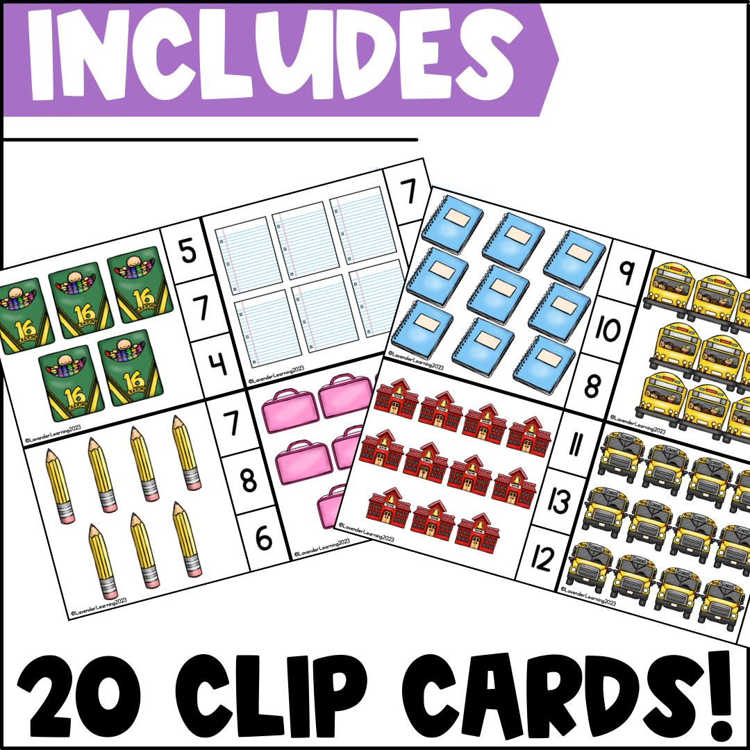 Back to School Clip Cards for One to One Correspondence Numbers 1-20 ...