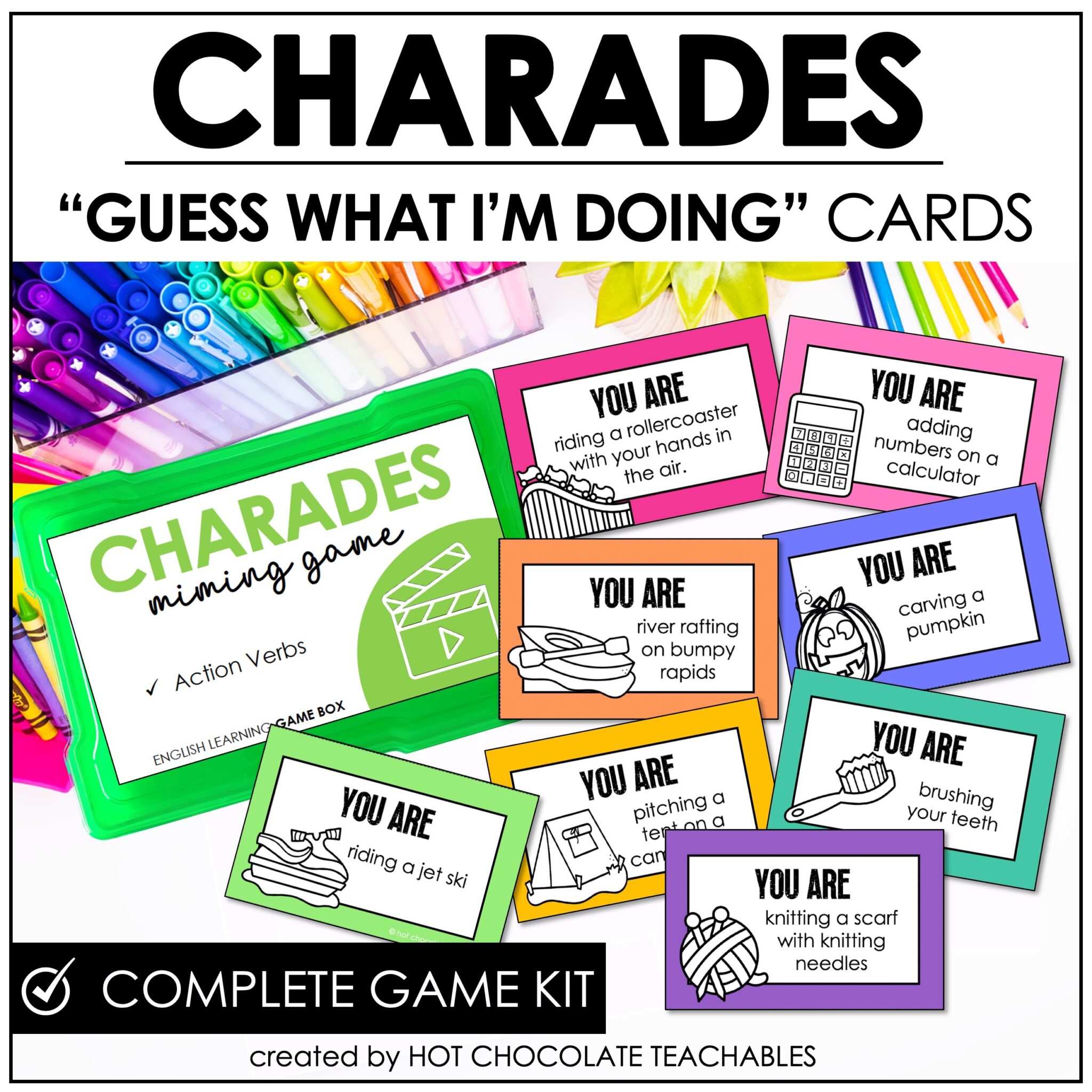 Action Verb Charades | Present Continuous Tense Miming Game Cards ...