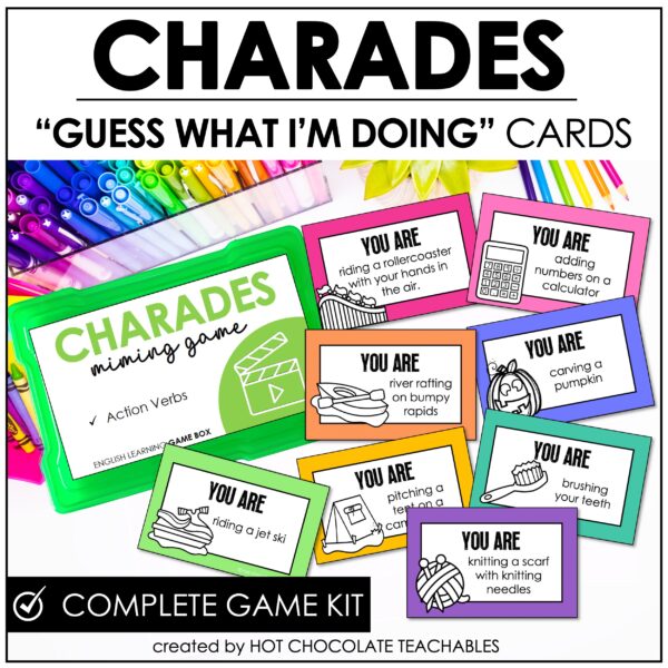 Action Verb Charades | Present Continuous Tense Miming Game Cards ...