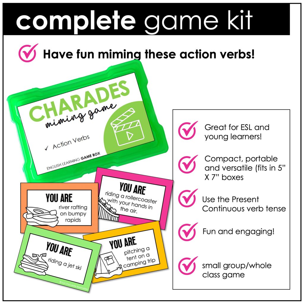 Action Verb Charades | Present Continuous Tense Miming Game Cards ...