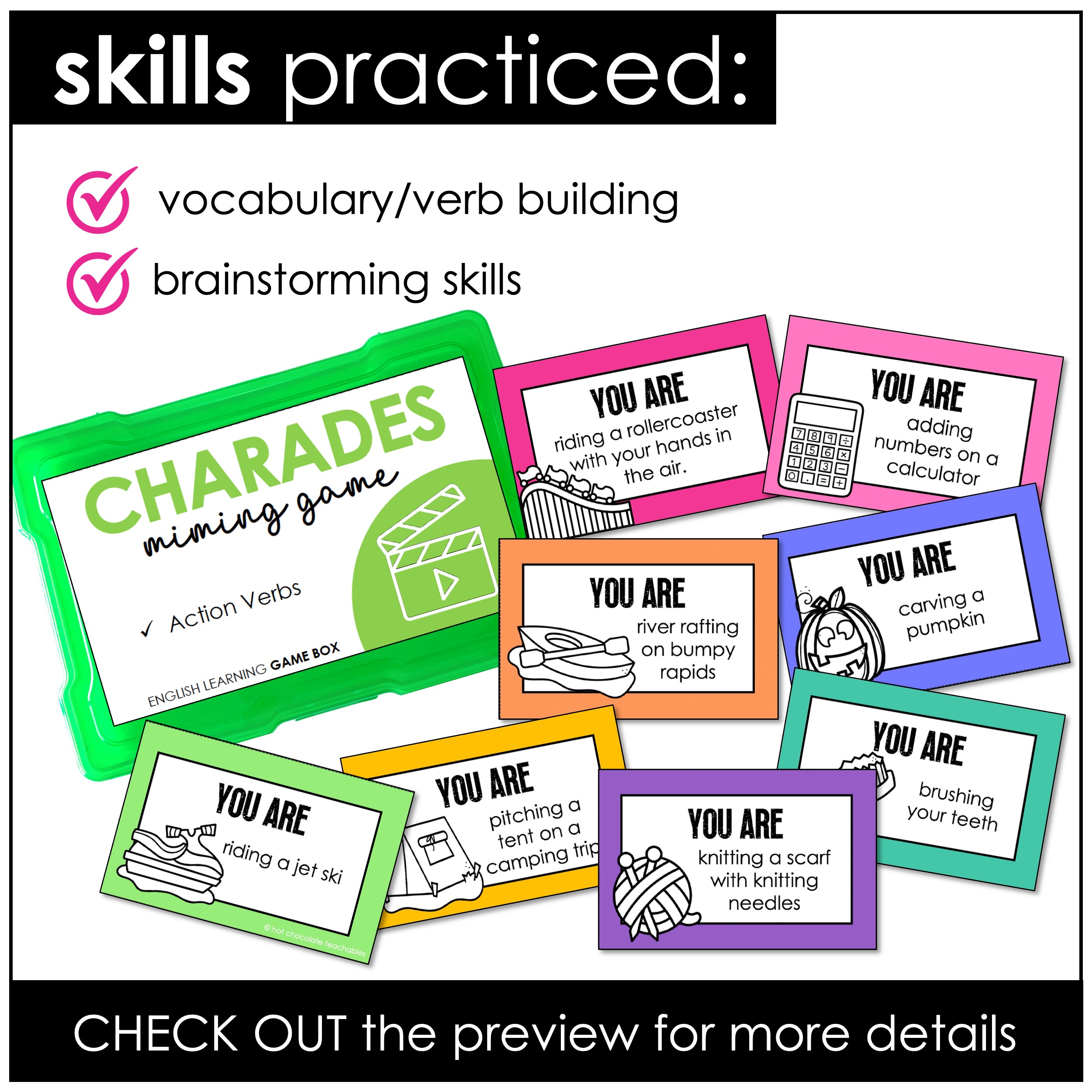Action Verb Charades | Present Continuous Tense Miming Game Cards ...