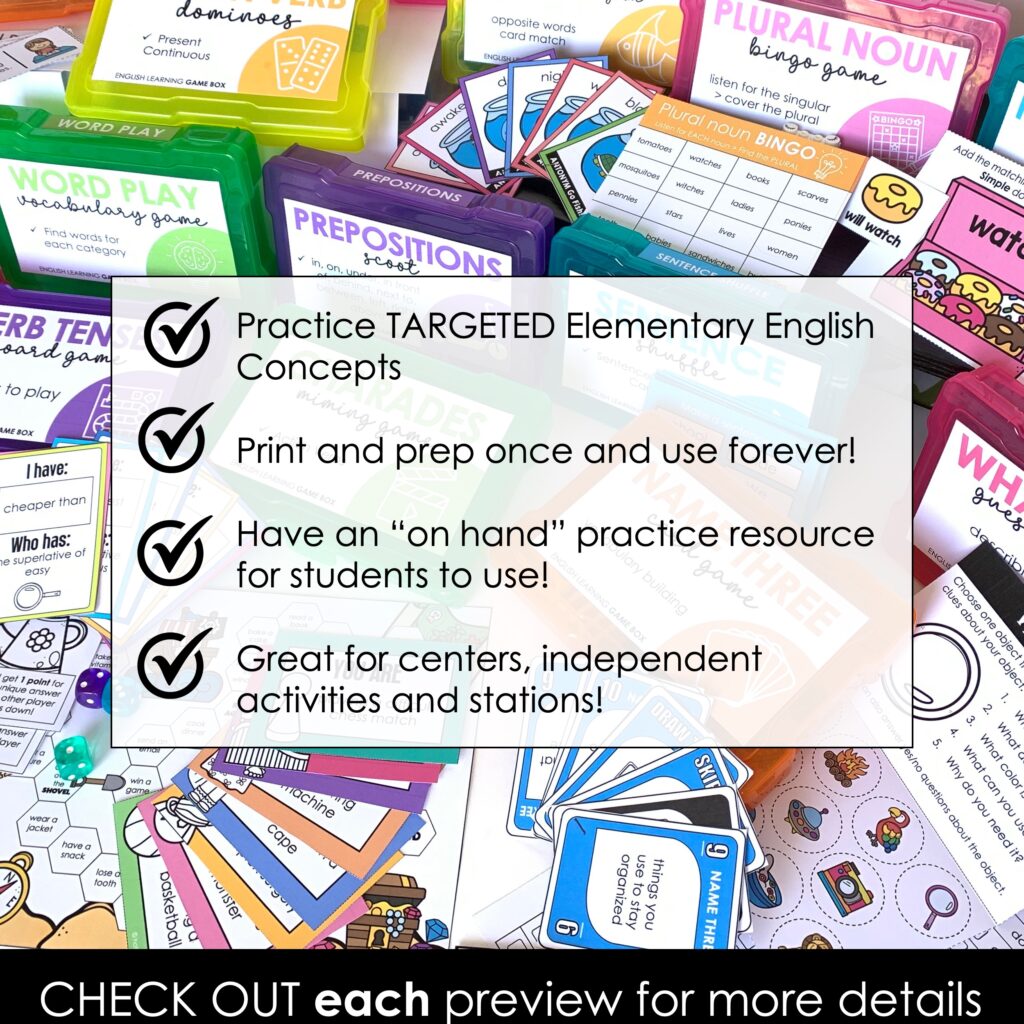 English Games Bundle - Parts of Speech, Verbs, Nouns, Prepositions ...