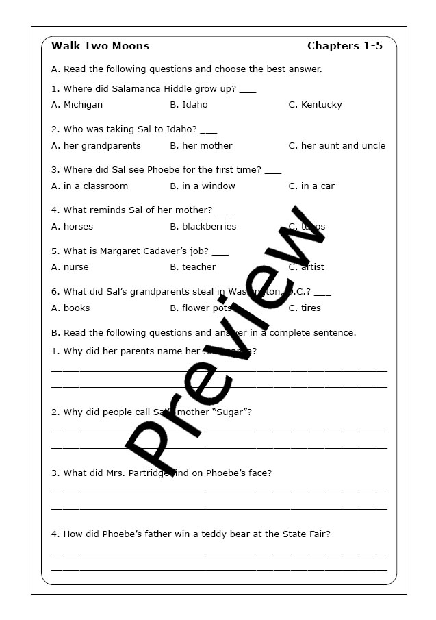 Sharon Creech "Walk Two Moons" worksheets | Made By Teachers