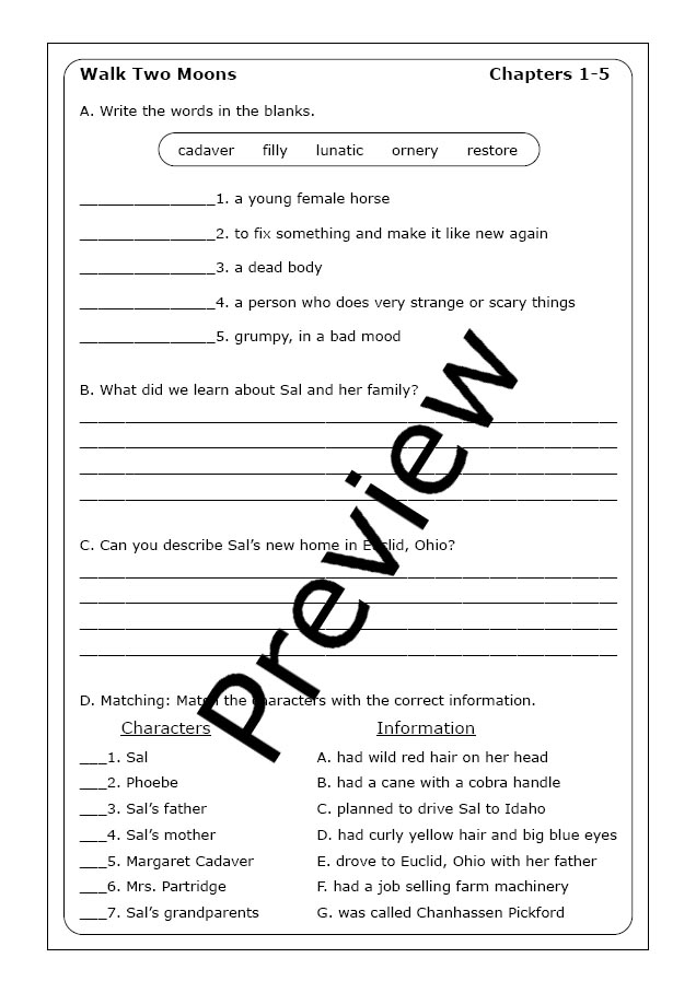 Sharon Creech "Walk Two Moons" worksheets | Made By Teachers