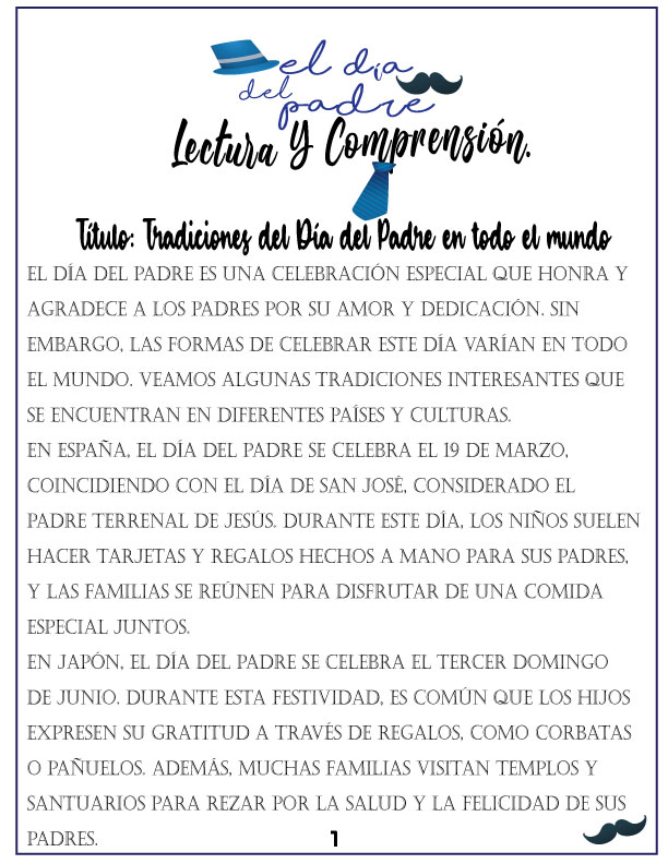 el Día del Padre Pasaje- Fathers Day Reading and Comprehension Passage ...