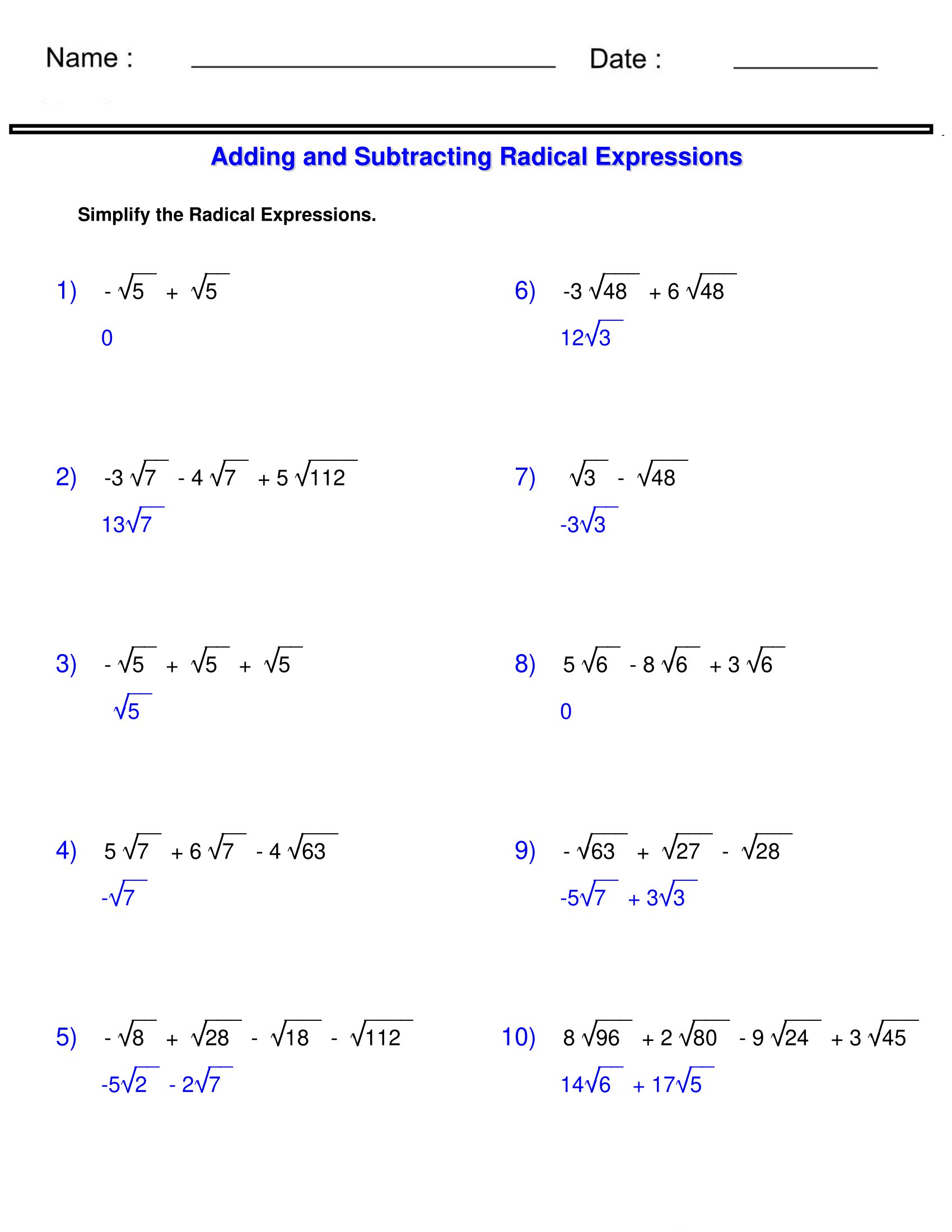 Radicals Worksheets Adding And Subtracting Radical Expressions Made