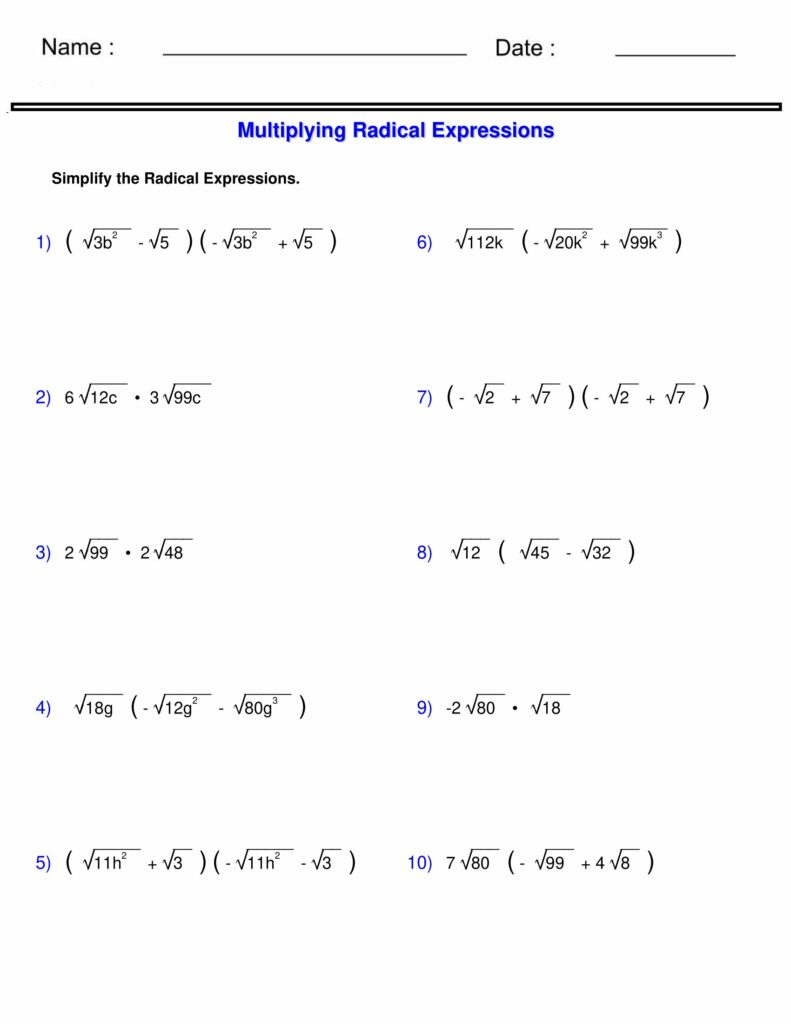 Radicals Worksheets - Multiplying Radical Expressions Worksheets | Made ...