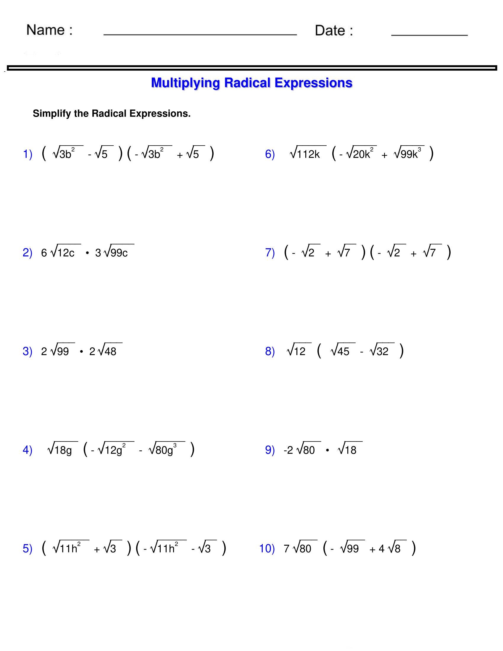 Radicals Worksheets Multiplying Radical Expressions Worksheets Made