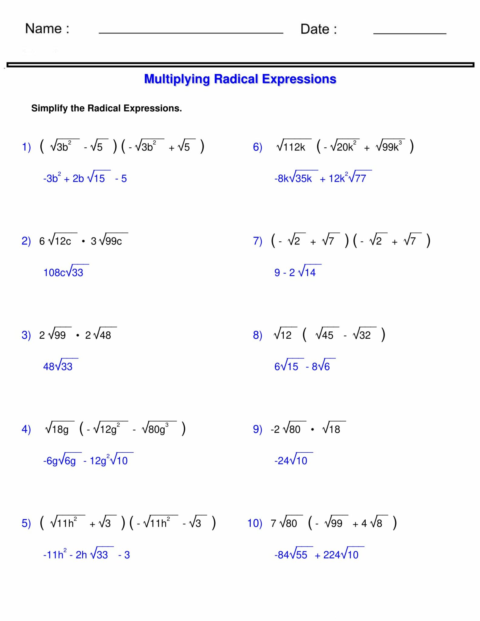 Radicals Worksheets - Multiplying Radical Expressions Worksheets | Made ...