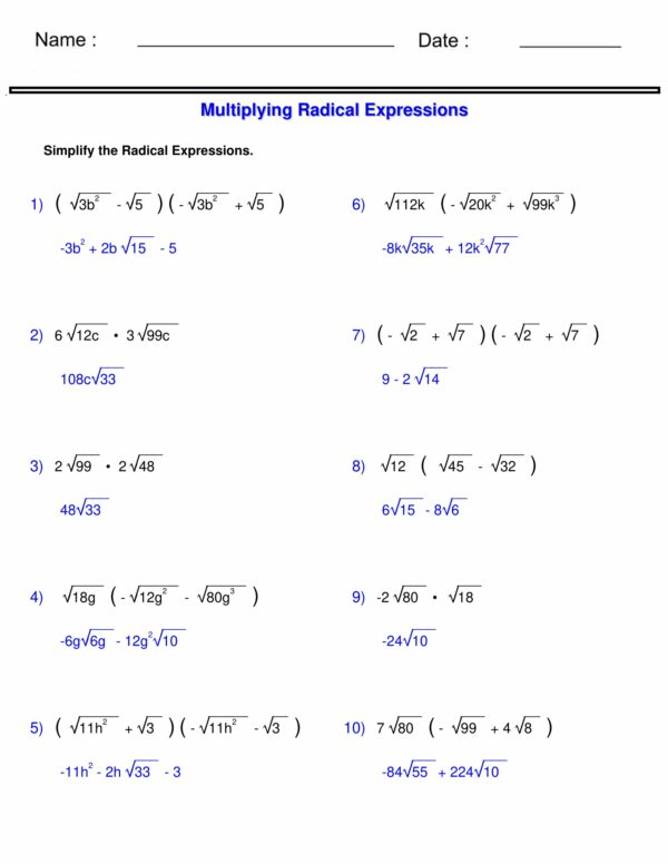 Radicals Worksheets - Multiplying Radical Expressions Worksheets | Made ...