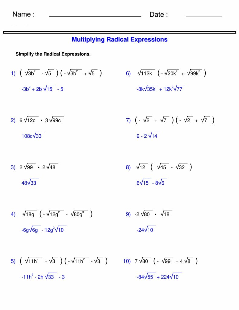 Radicals Worksheets - Multiplying Radical Expressions Worksheets | Made ...