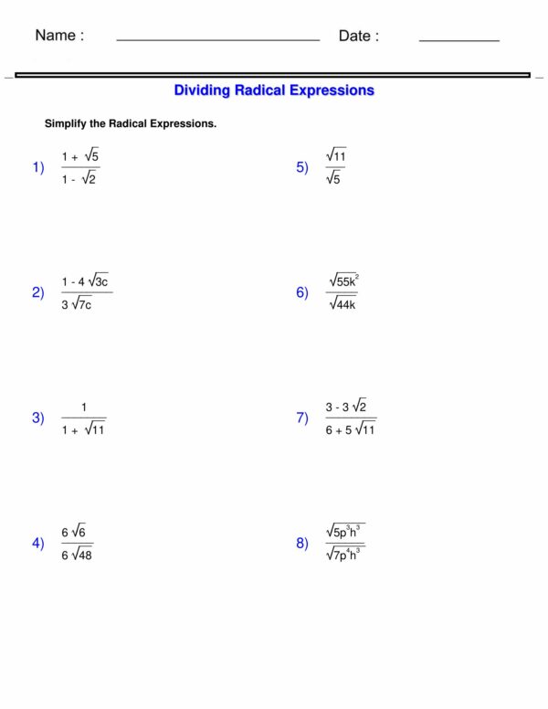 Radicals Worksheets - Dividing Radical Expressions Worksheets | Made By ...