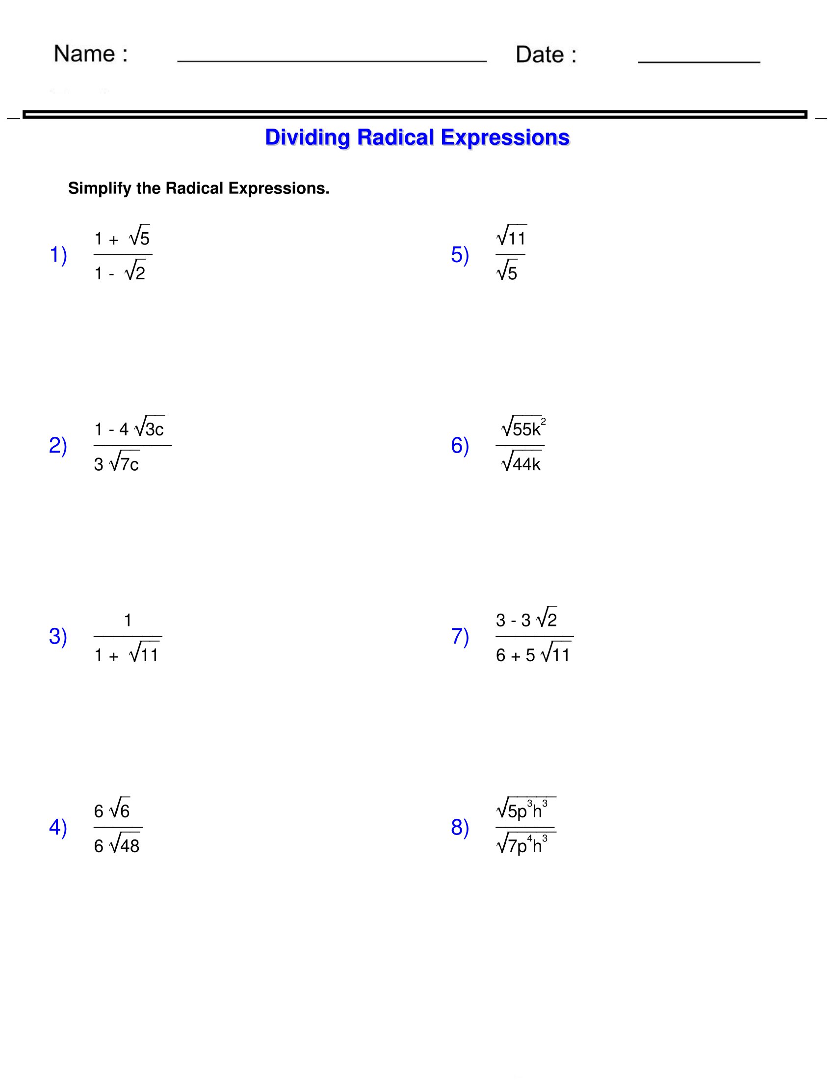 Radicals Worksheets Dividing Radical Expressions Worksheets Made By