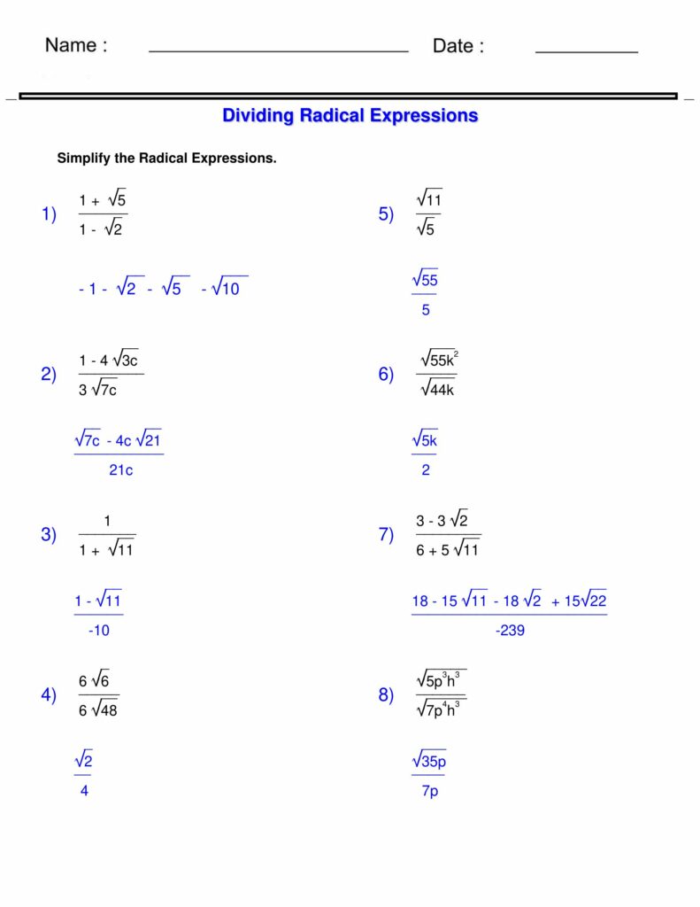 Radicals Worksheets - Dividing Radical Expressions Worksheets | Made By ...