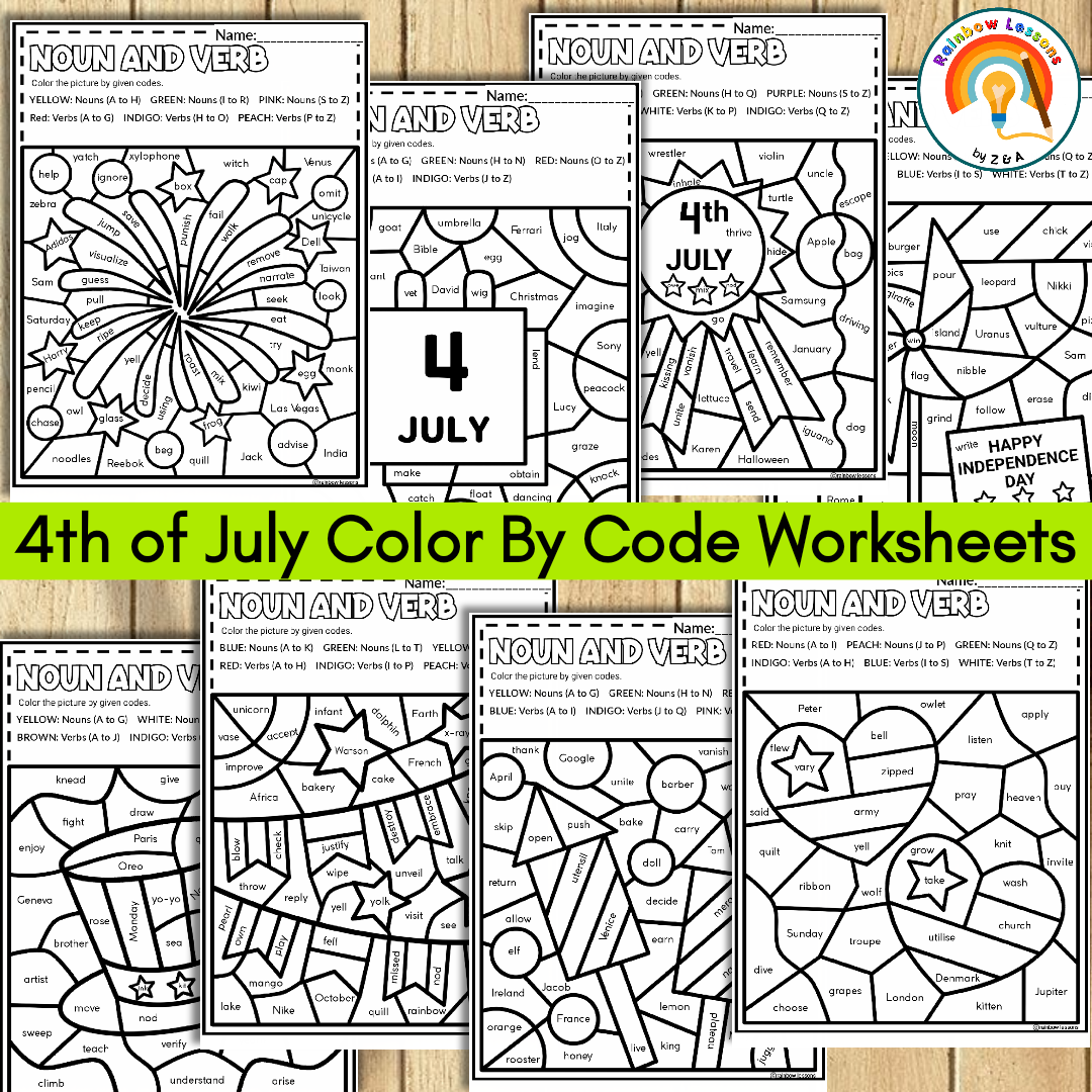 4th of July Color By Code | 4th of July Coloring Pages | Noun and Verb ...