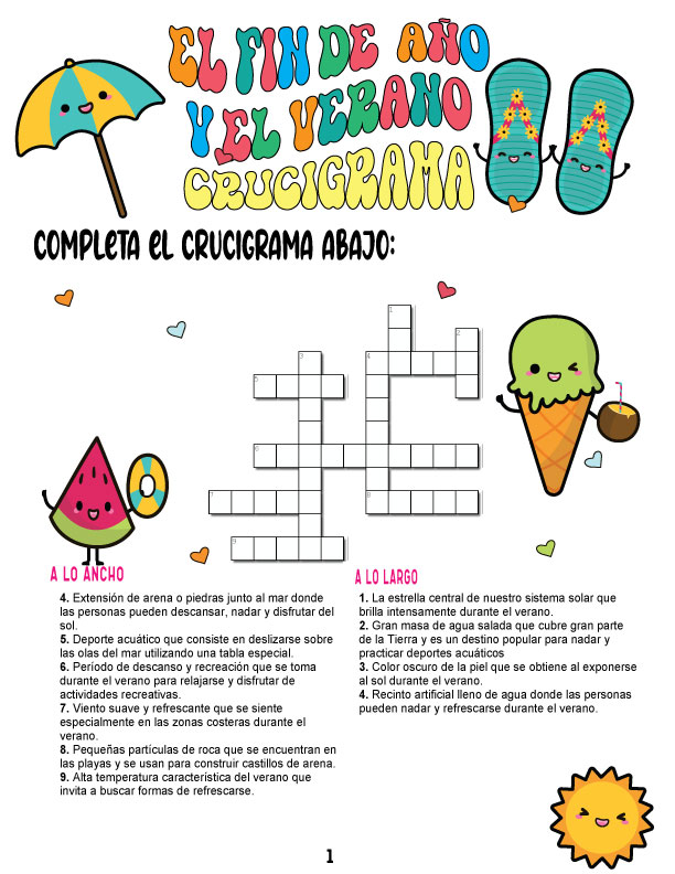 El Verano Crucigrama|Summer Crossword Puzzle Spanish El Verano búsqueda ...