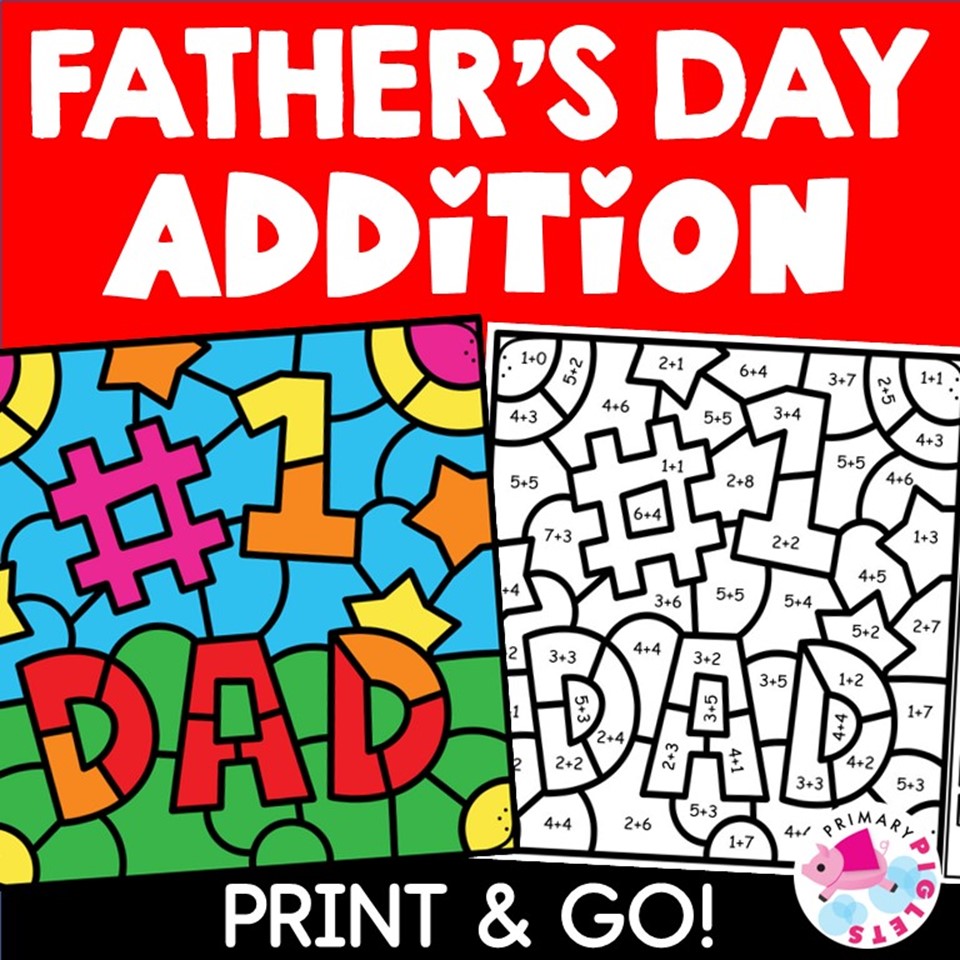 Father's Day Color by Number Code Addition to 10 and 20 | Made By Teachers