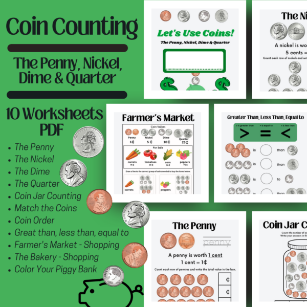 Coin Counting, Penny, Nickel, Dime, Quarter, Homeschool, Worksheets ...